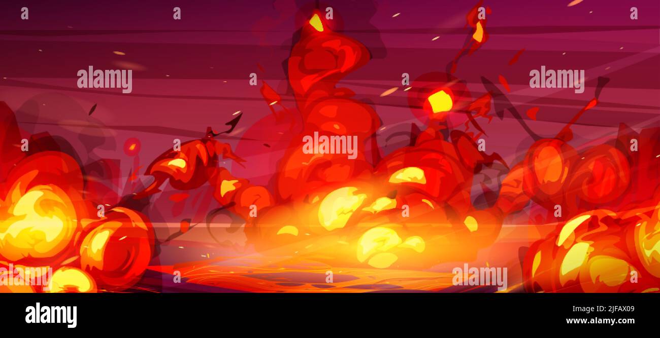 Fire background, cartoon red bomb explosion clouds over destroyed burnt ...