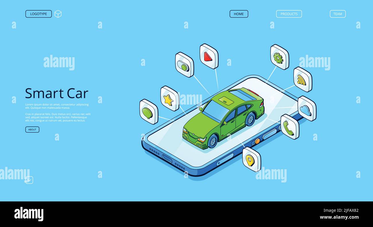Smart car isometric landing page. Autonomous automobile stand on ...