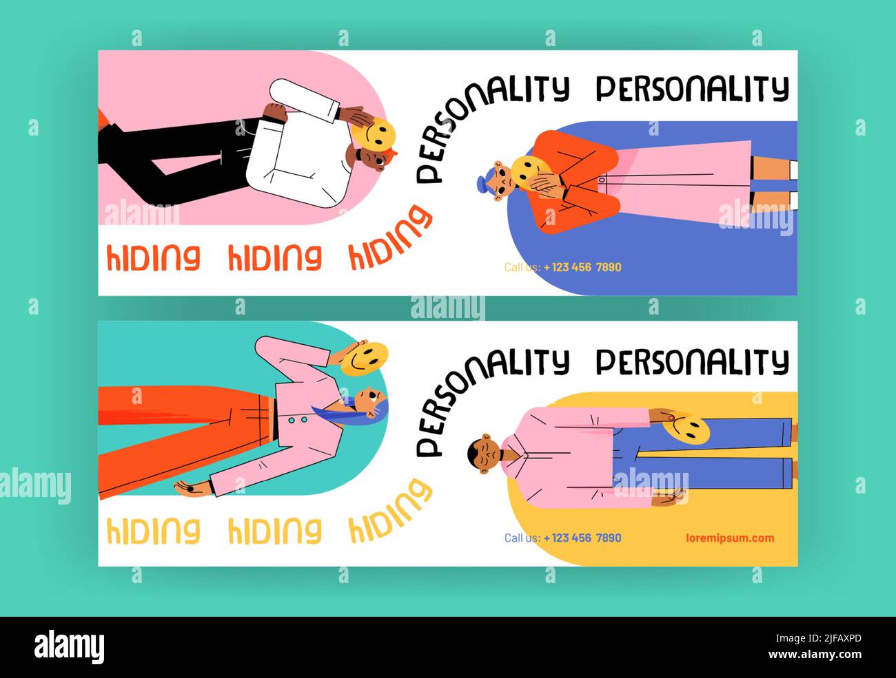 Hiding personality banners with sad people disguise faces behind of ...