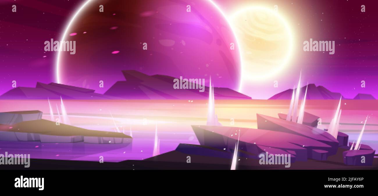 Alien planet landscape, space background with rocks and frozen pond ...