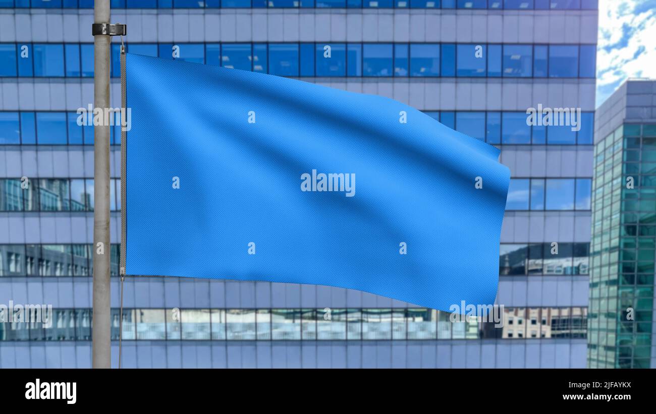 Blue flag mockup for you design with corporate landmark skyline in a ...