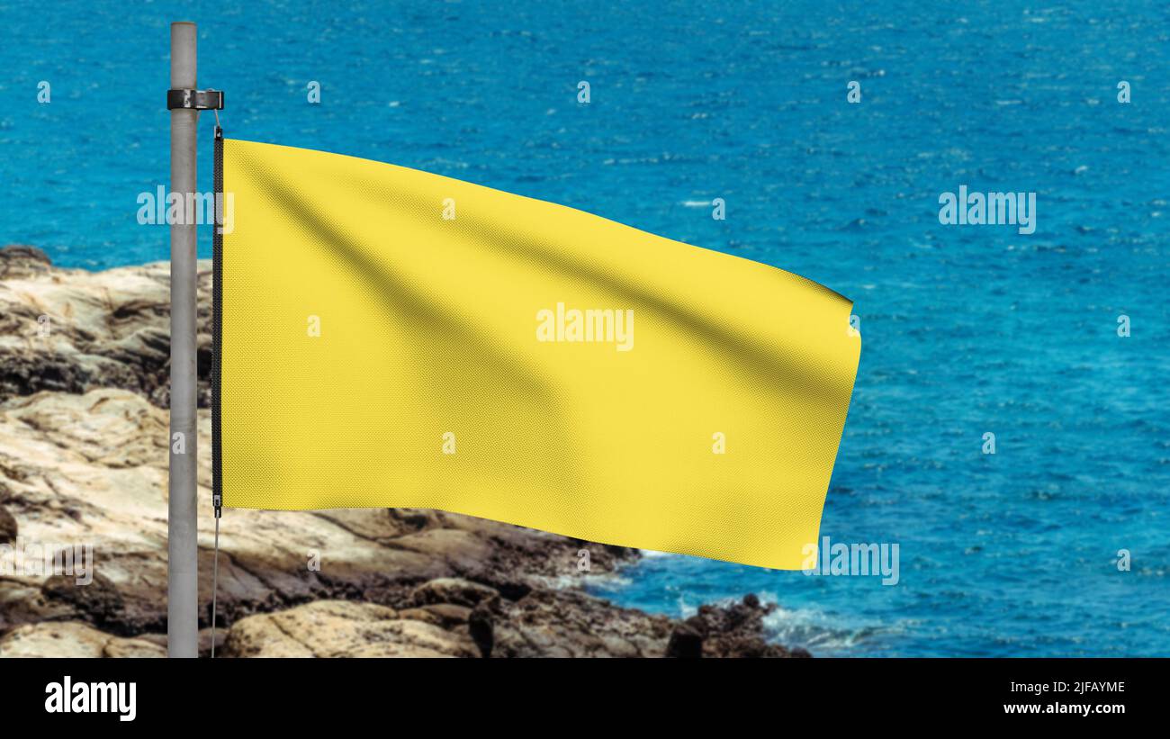 Yellow flag mockup for you design on coast with waves in the tropical ...