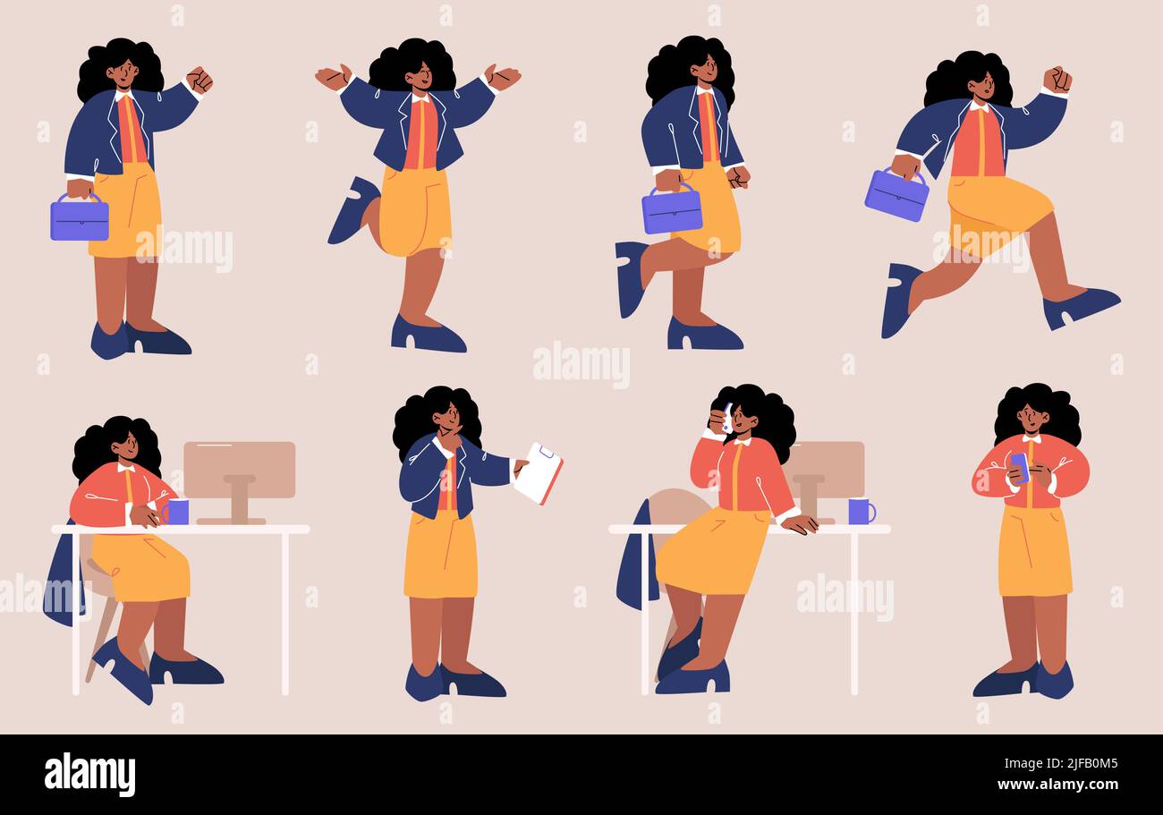 Woman worker poses set. Businesswoman with bag and phone in office ...