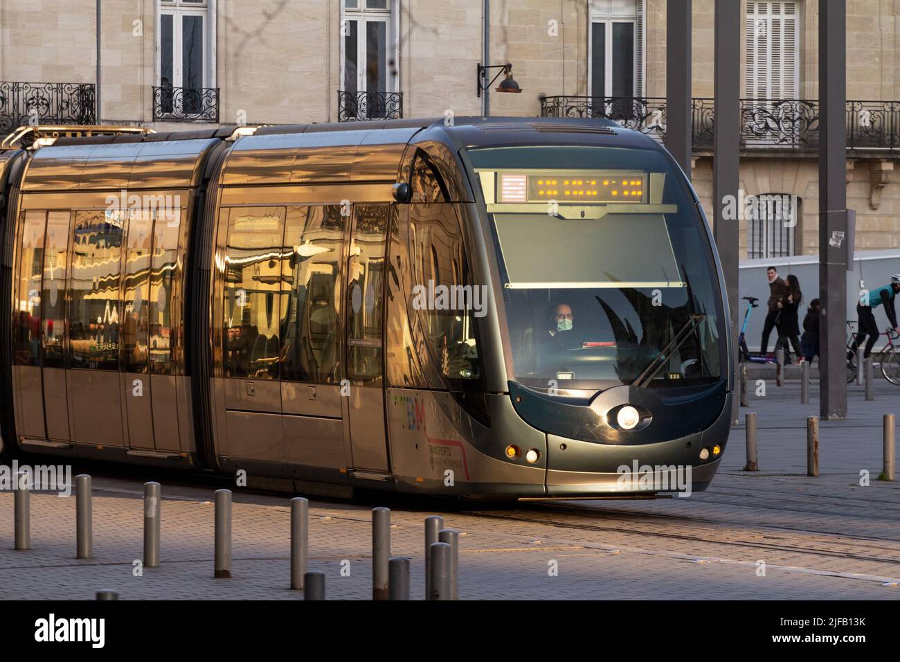 Picture of a bordeaux tram passing by the city center of the city.The ...