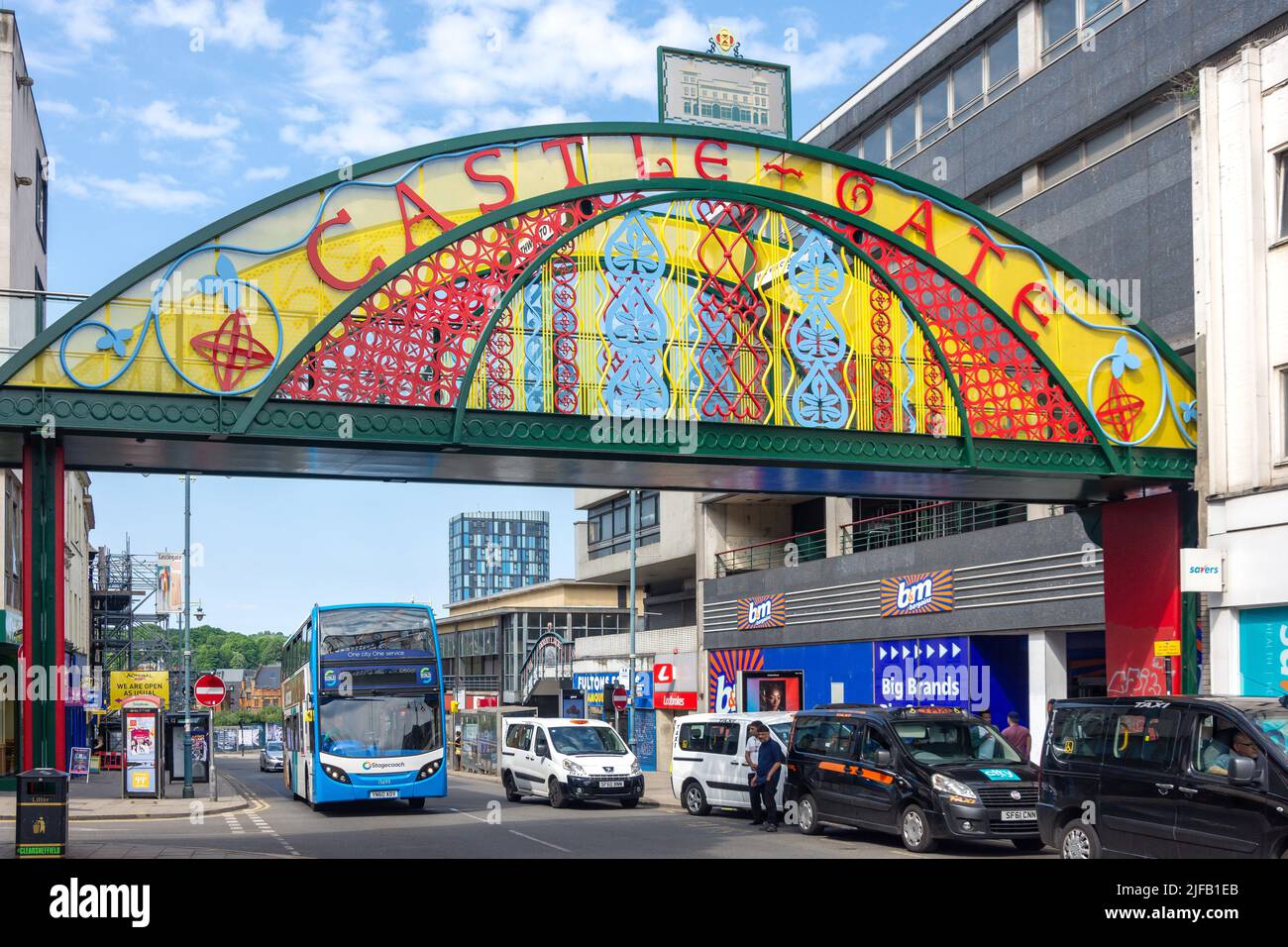 Colourful Castle Gate entrance bridge, Haymarket, Sheffield, South ...