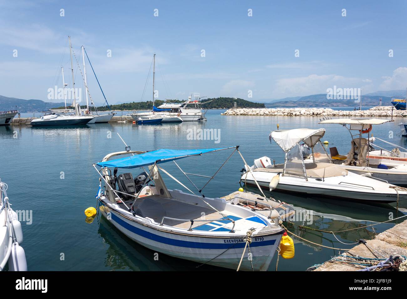 Fishing boats in harbour, Corfu Old Town, Corfu (Kerkyra), Ionian ...