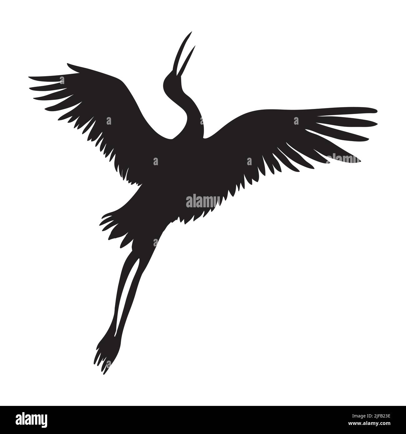 Silhouette or shadow black ink symbol of a crane bird or heron flying ...