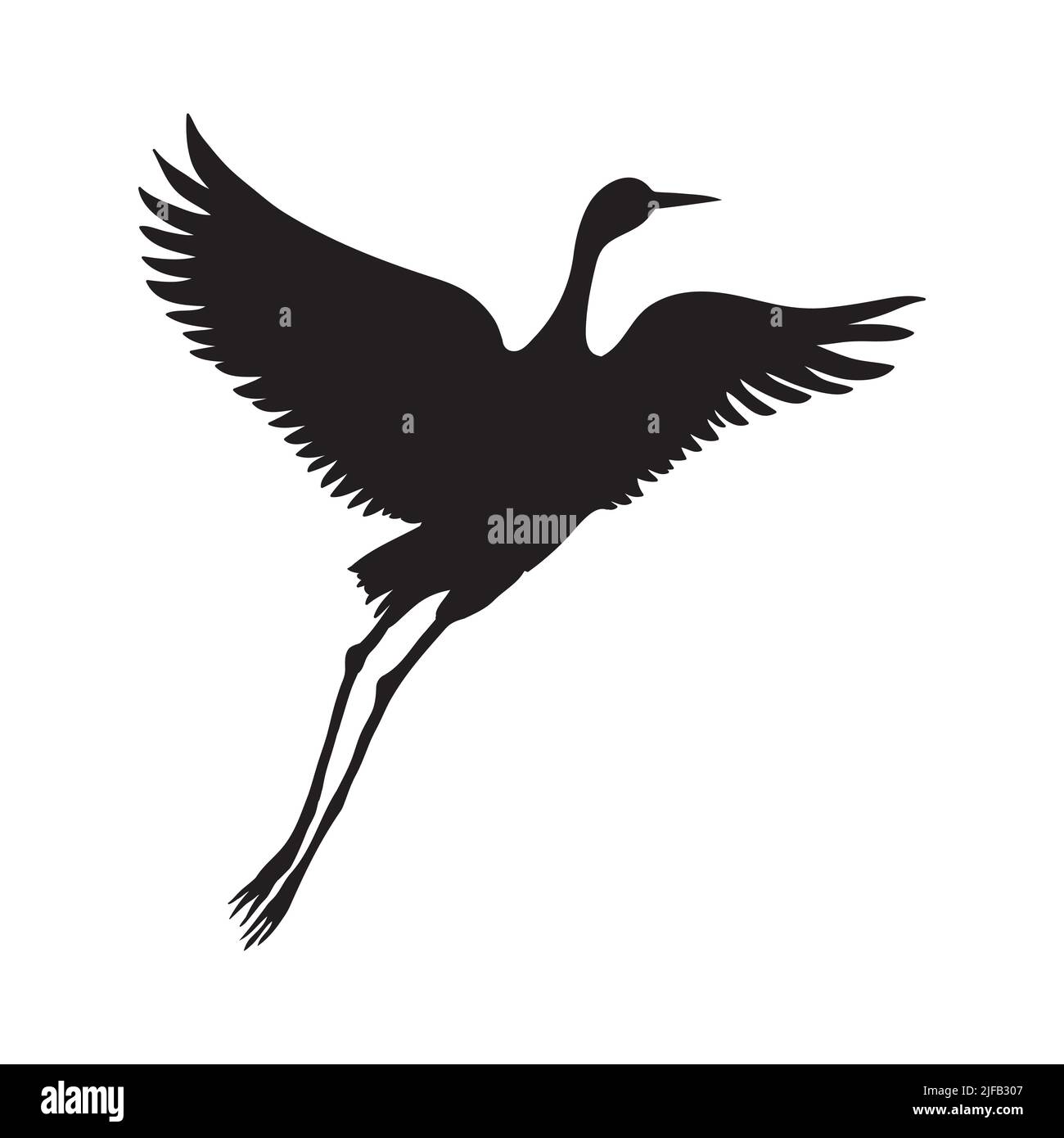 Silhouette or shadow black ink symbol of a crane bird or heron flying ...