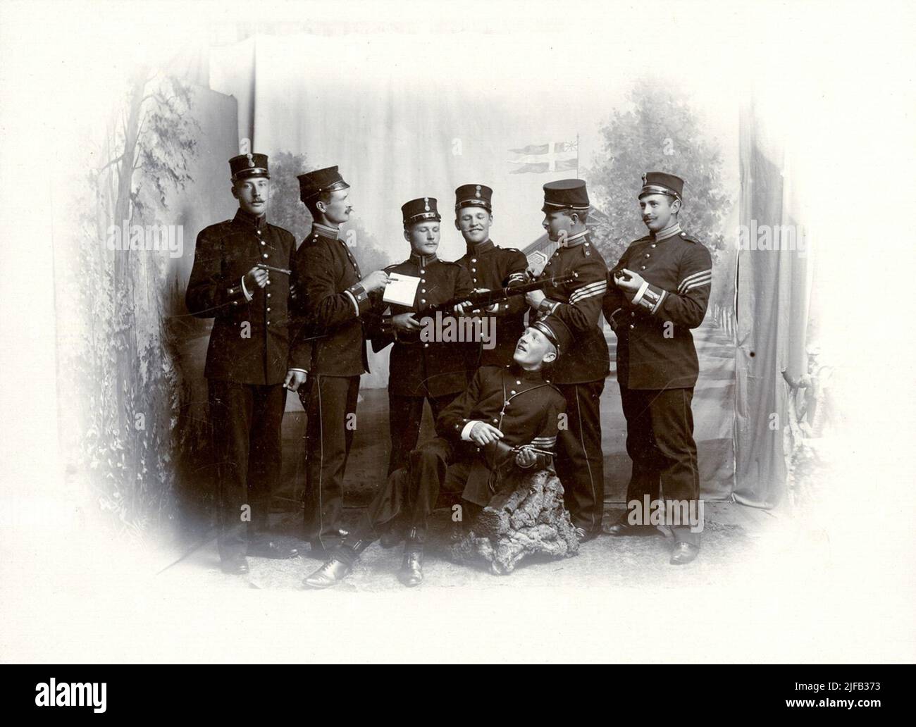 Group portrait of soldiers at Västgöta regiment in 6, Axvall 1890s ...