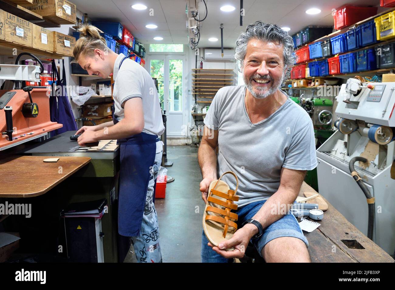 France, Var, Saint-Tropez, production of local sandals (Rondini sandals ...