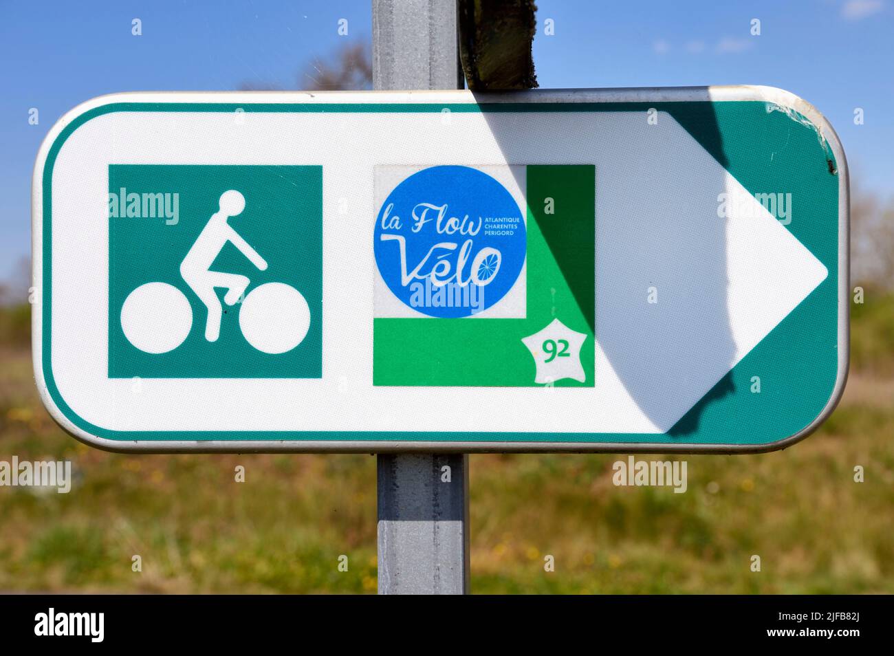 France, Charente, Souffrignac, La Flow Vélo cycle route sign Stock ...