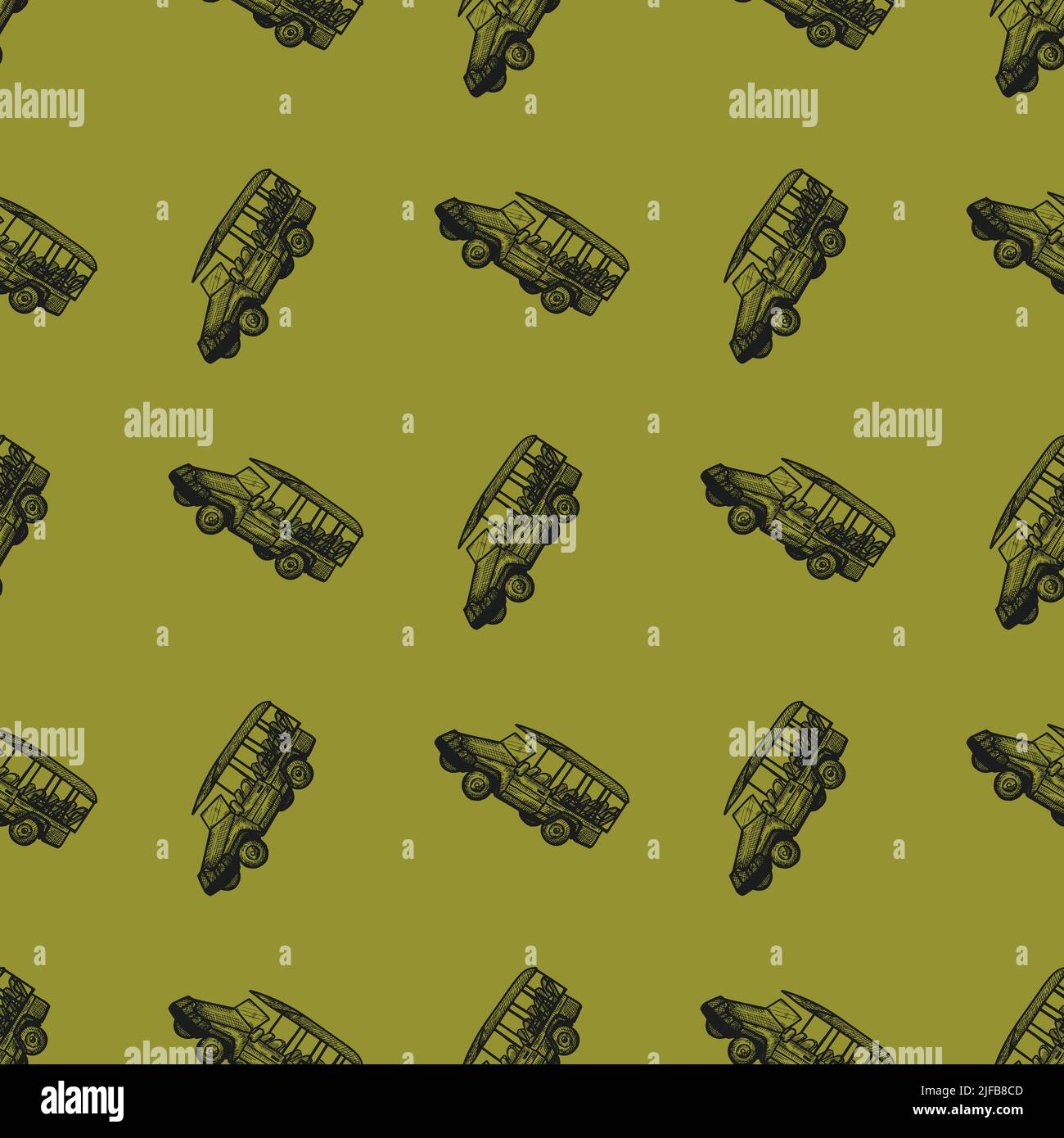 Safari bus engraved seamless pattern. Vintage adventure off road car in ...