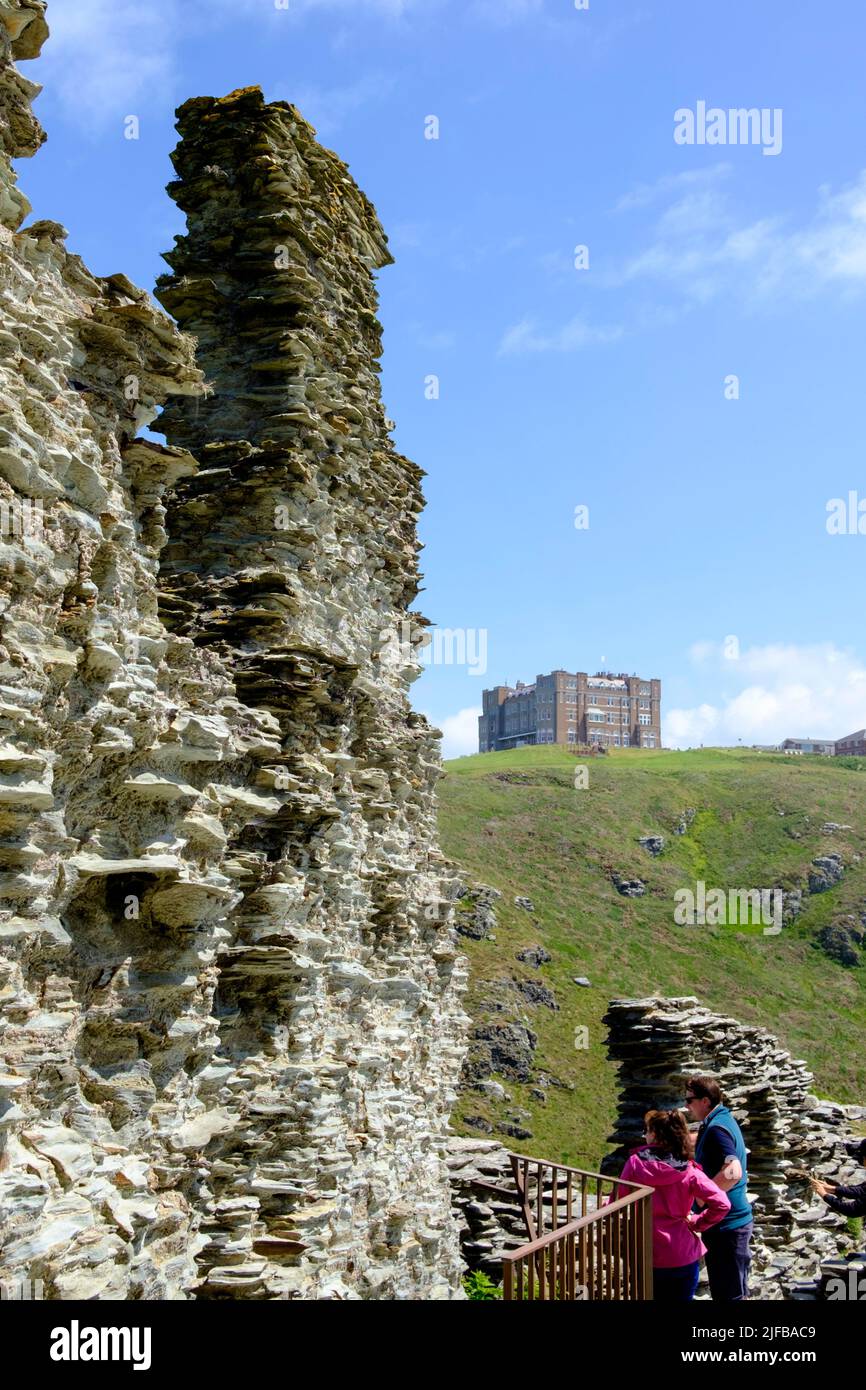 Camelot Castle Hotel, viwed from the Ruins of Tintagel castle on the ...