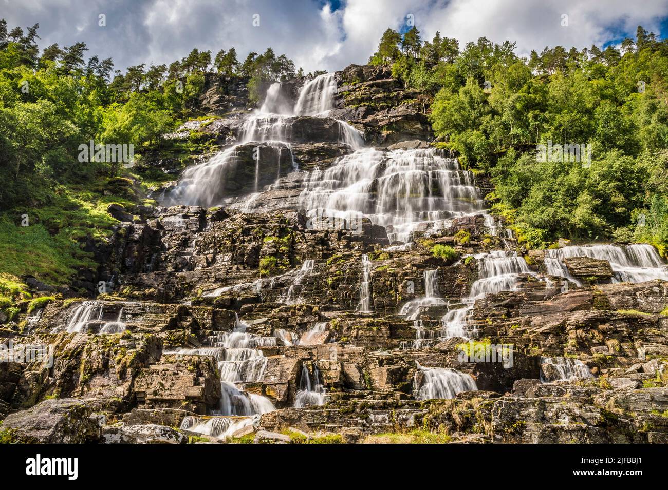 Norway, Vestland County, Tvinde, Tvindefossen waterfall (152 m high) on ...