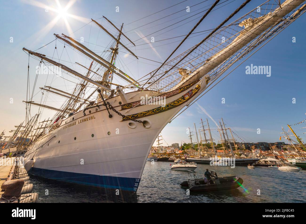 Norway, Rogaland County, Stavanger, gathering of old rigs in front of ...