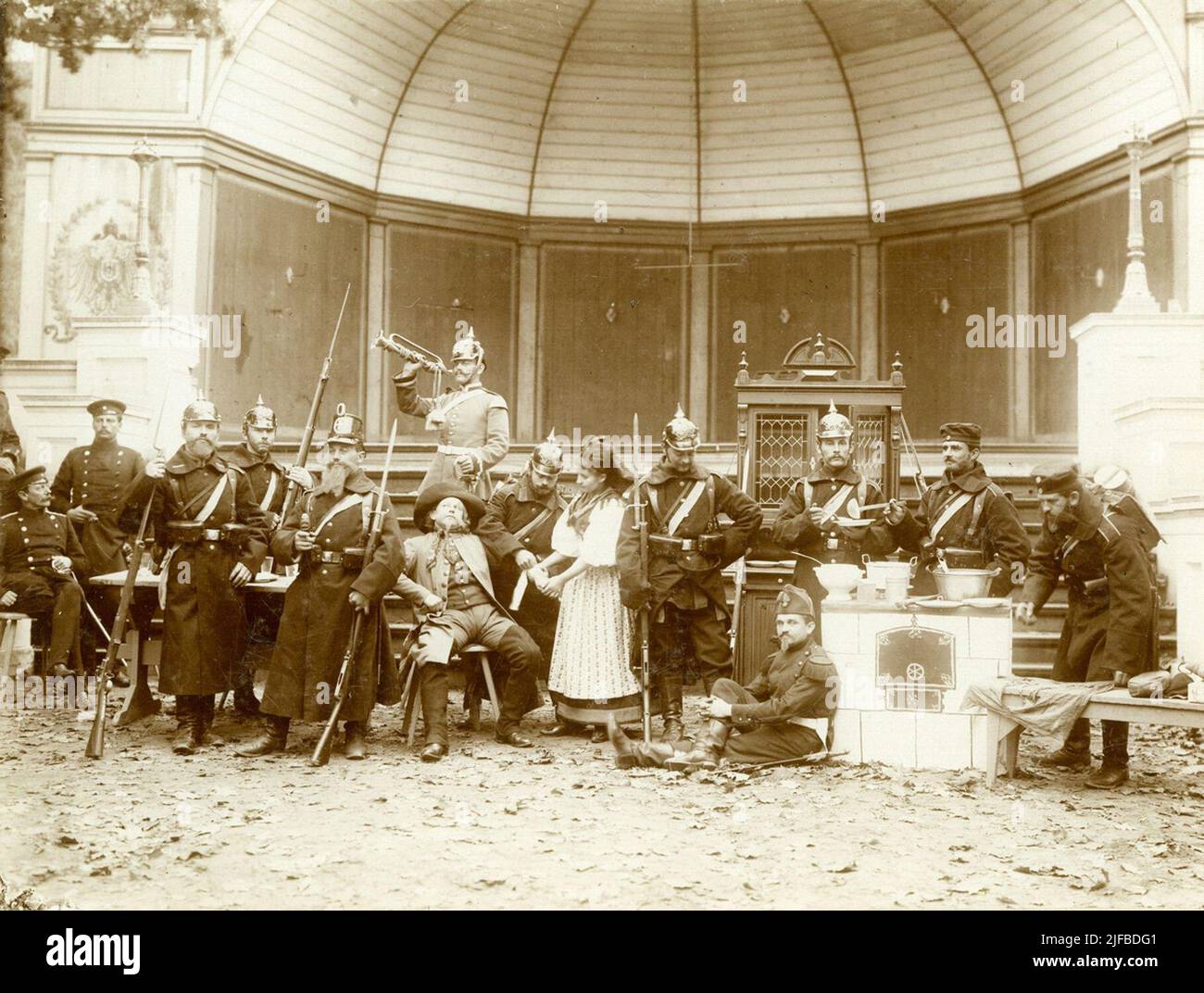 German historical table, group in uniforms set up at music pavilion ...