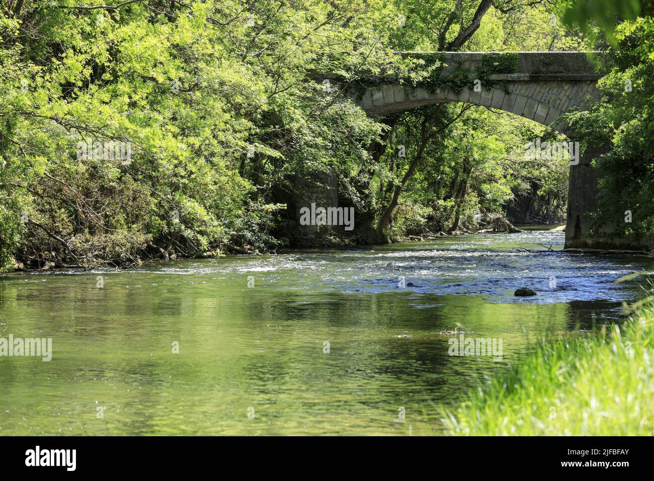 France, Var, Provence Verte, Correns, L'Argens river, bridge Stock ...