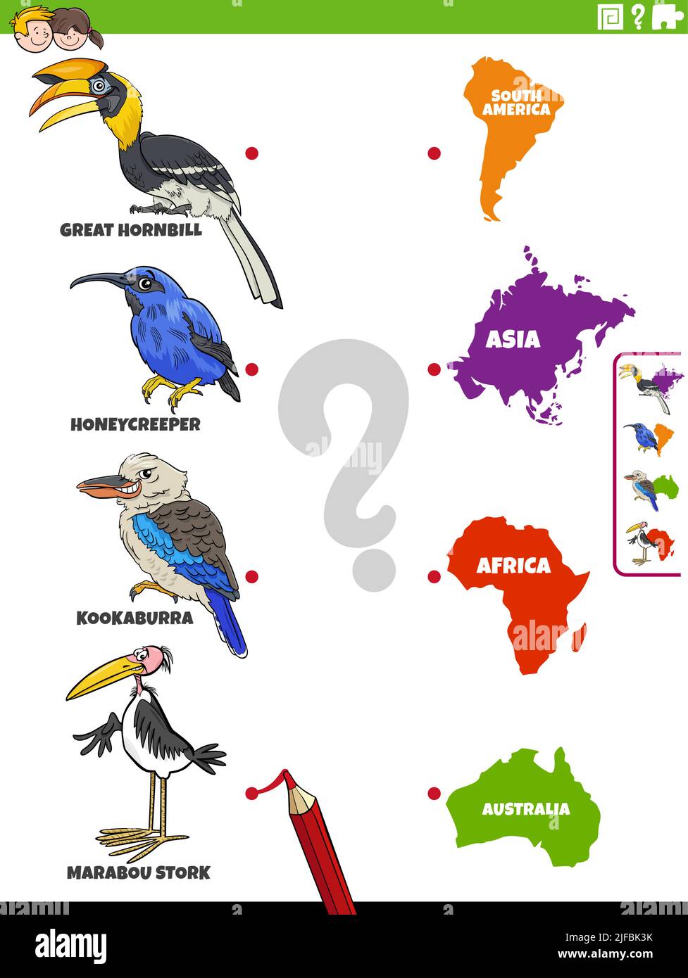 Cartoon illustration of educational matching task with birds animal ...