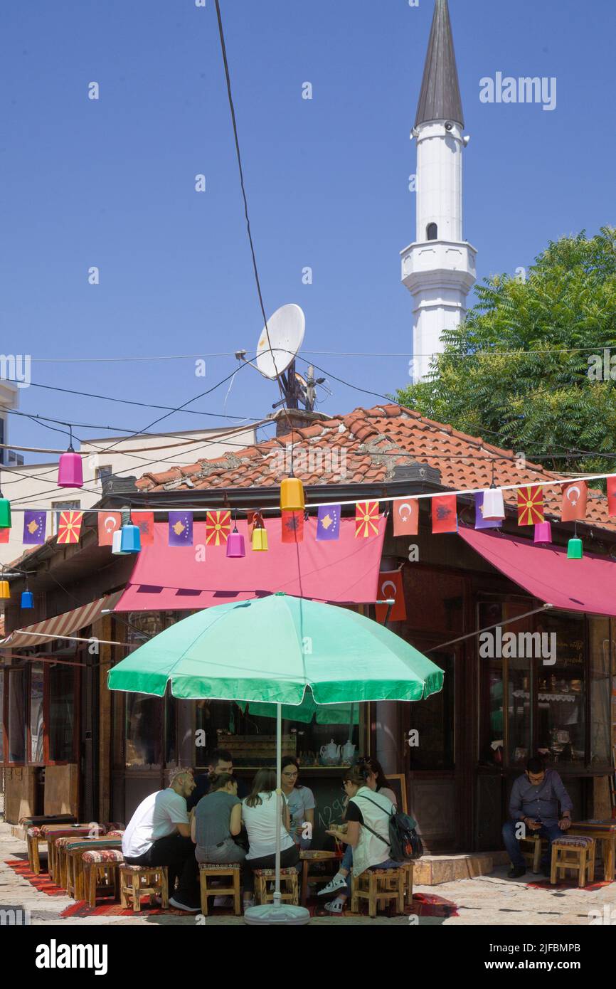 North Macedonia, Skopje, Old Bazaar, street scene, cafe, people Stock ...