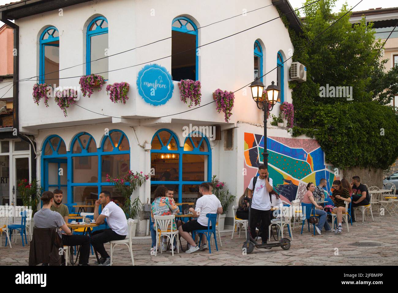 North Macedonia, Skopje, Old Bazaar, street scene, cafe, people Stock ...