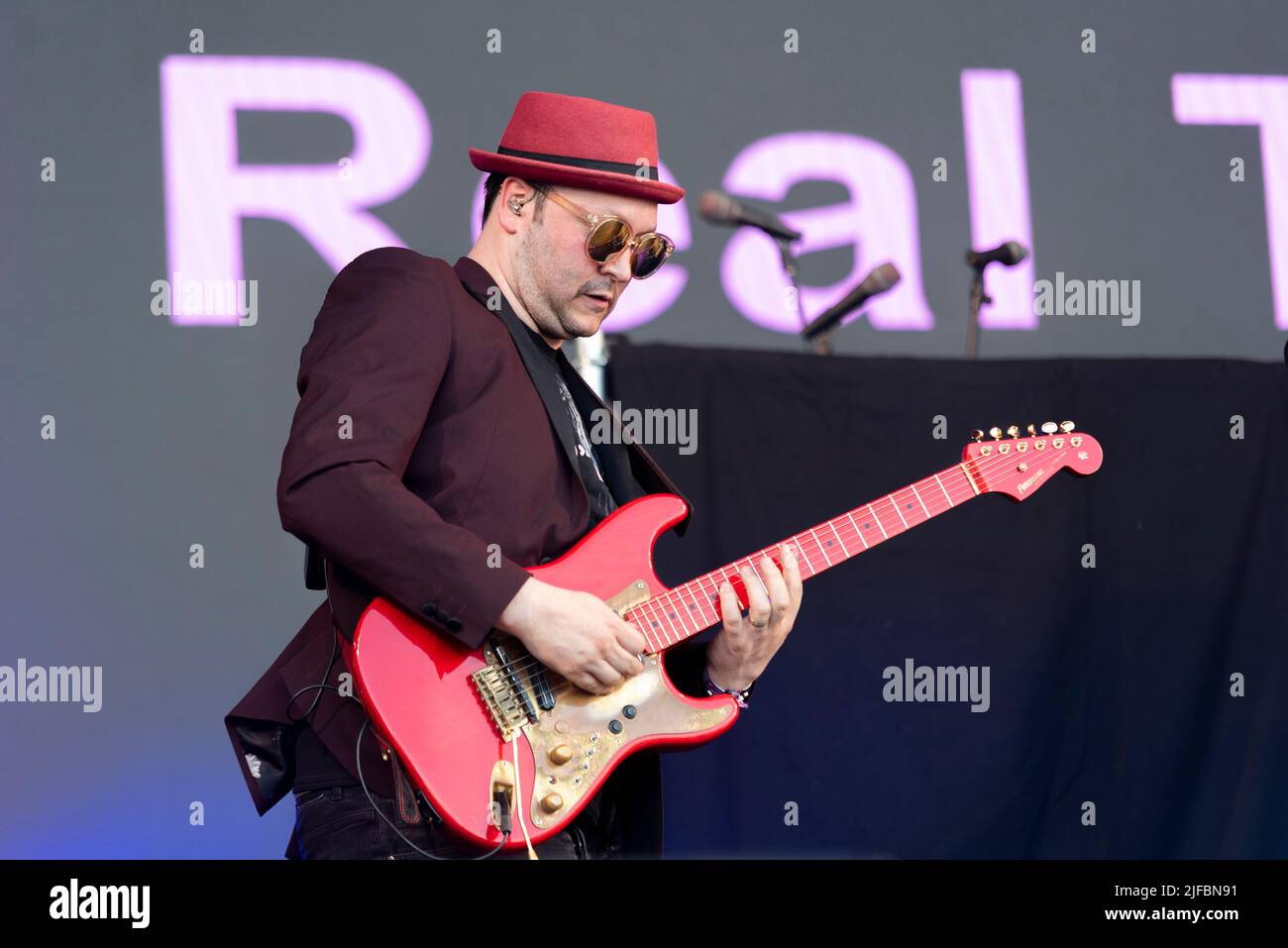 Guitarist with The Real Thing band performing at the Soultasia music ...