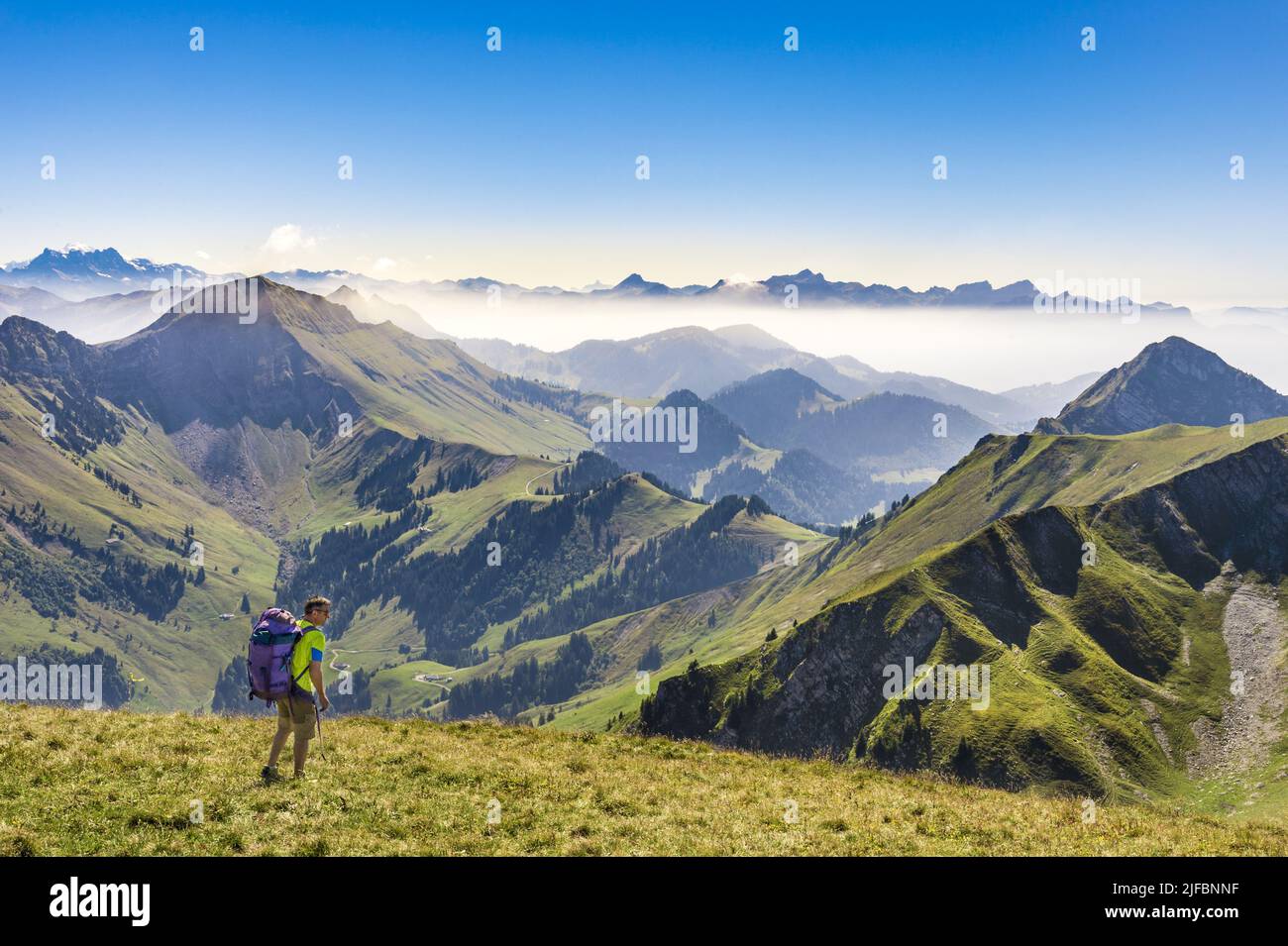 Switzerland, Canton of Friborg, Gruyères, panorama from Mount Moléson ...