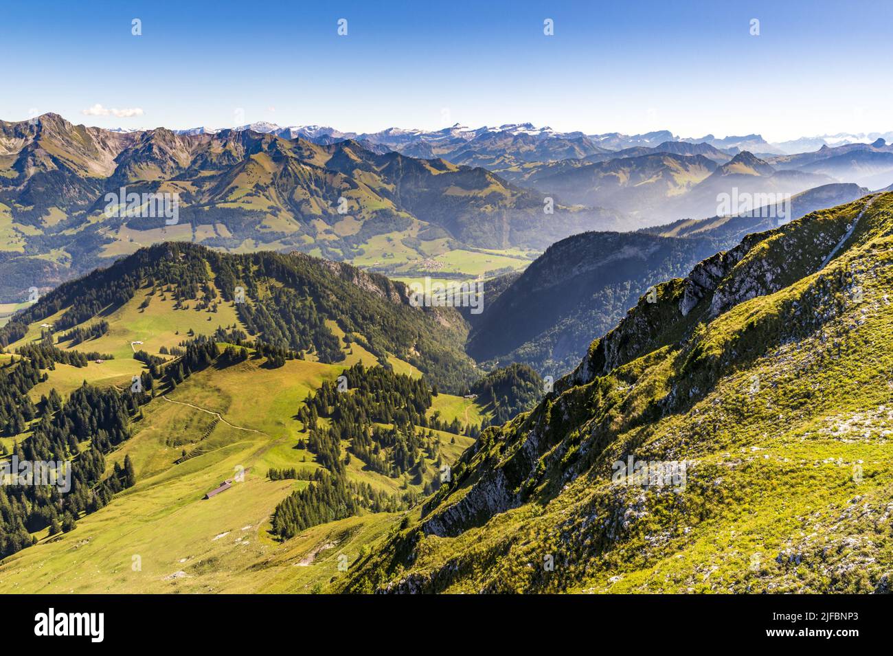Switzerland, Canton of Friborg, Gruyères, panorama from Mount Moléson ...