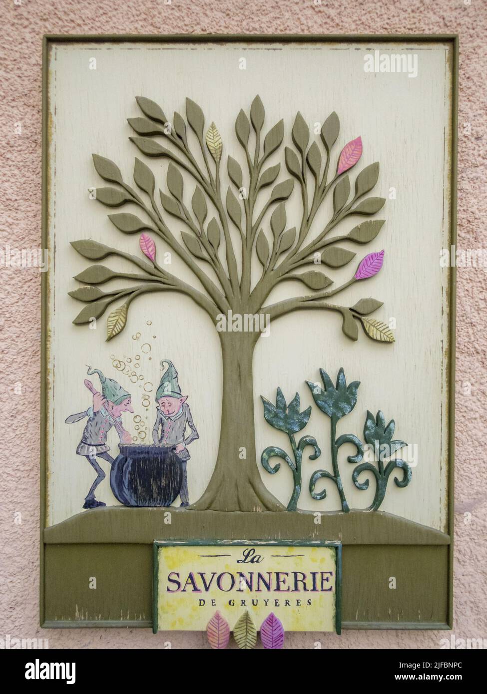 Switzerland, Canton of Fribourg, Gruyères, medieval city, sign of an ...