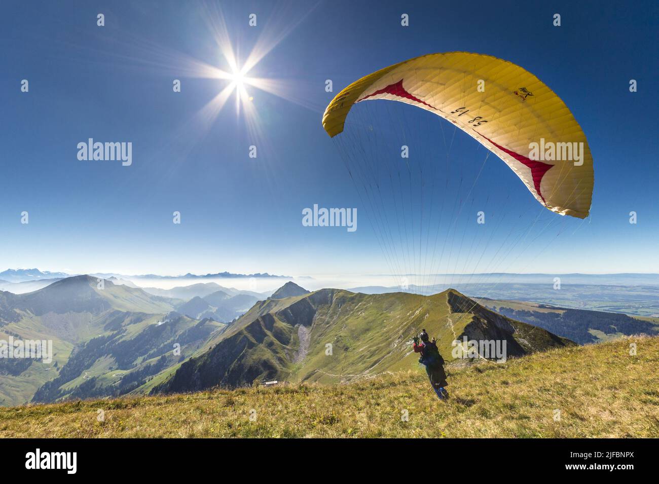 Switzerland, Canton of Friborg, Gruyères, panorama from Mount Moléson ...