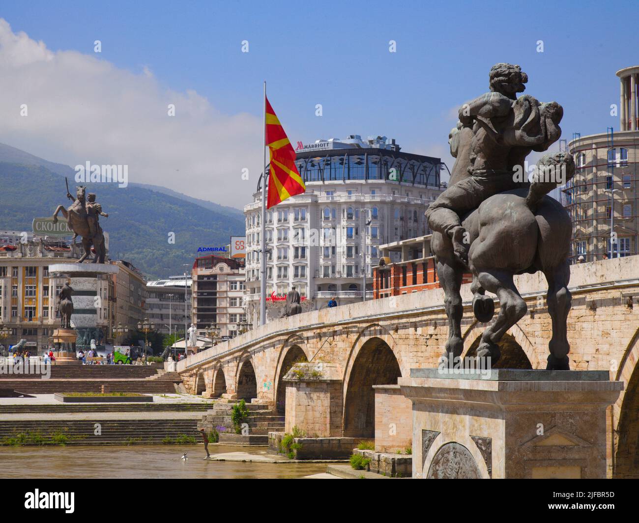 North Macedonia, Skopje, Stone Bridge, Vardar River, skyline Stock ...