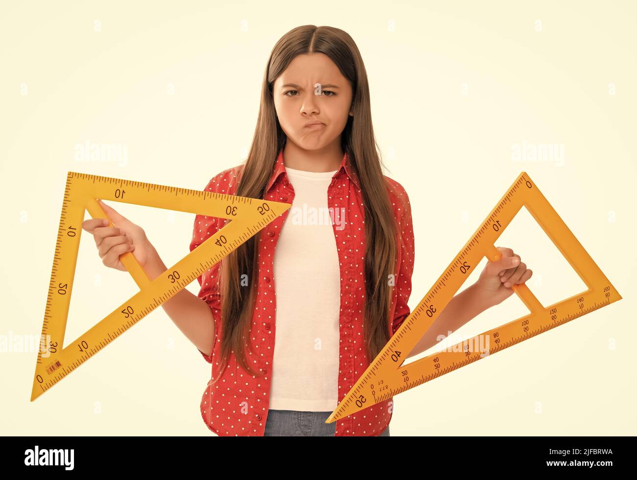 serious kid hold triangle ruler study trigonometry at school isolated ...
