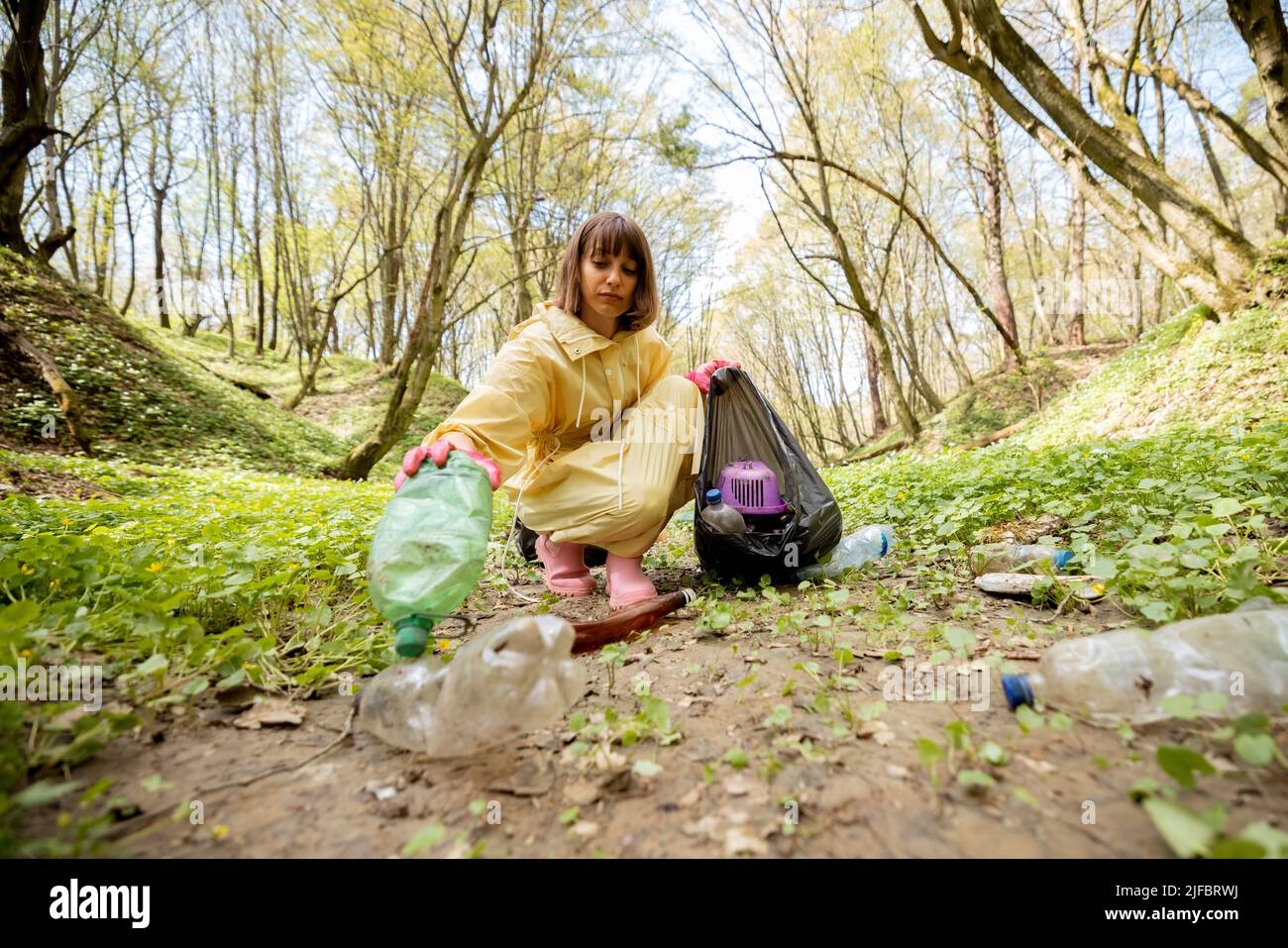 Woman collecting scattered plastic garbage in the woods Stock Photo - Alamy