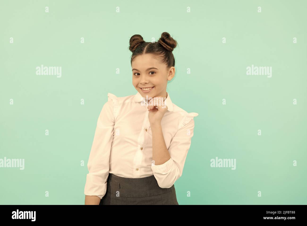 Happy girl child back to school blue background, schoolgirl Stock Photo ...