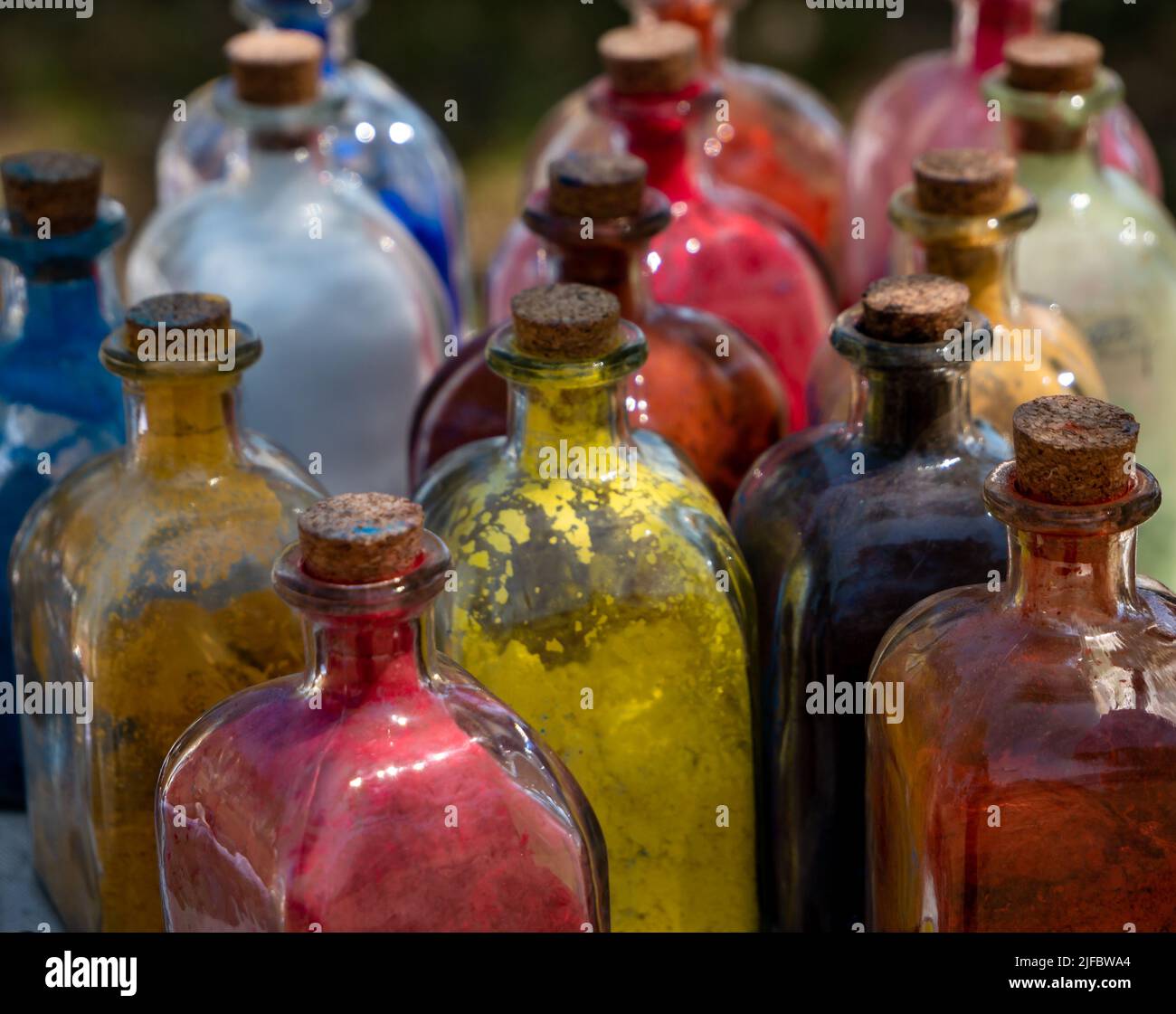 medieval historical reenactment - glass bottles with cork stopper with ...