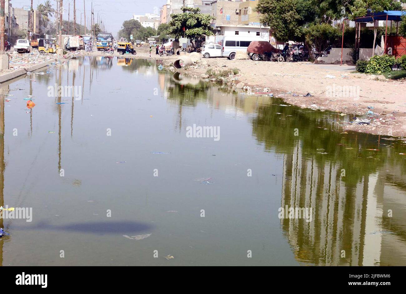 Karachi, Pakistan. 01st July, 2022. Inundated road by overflowing ...