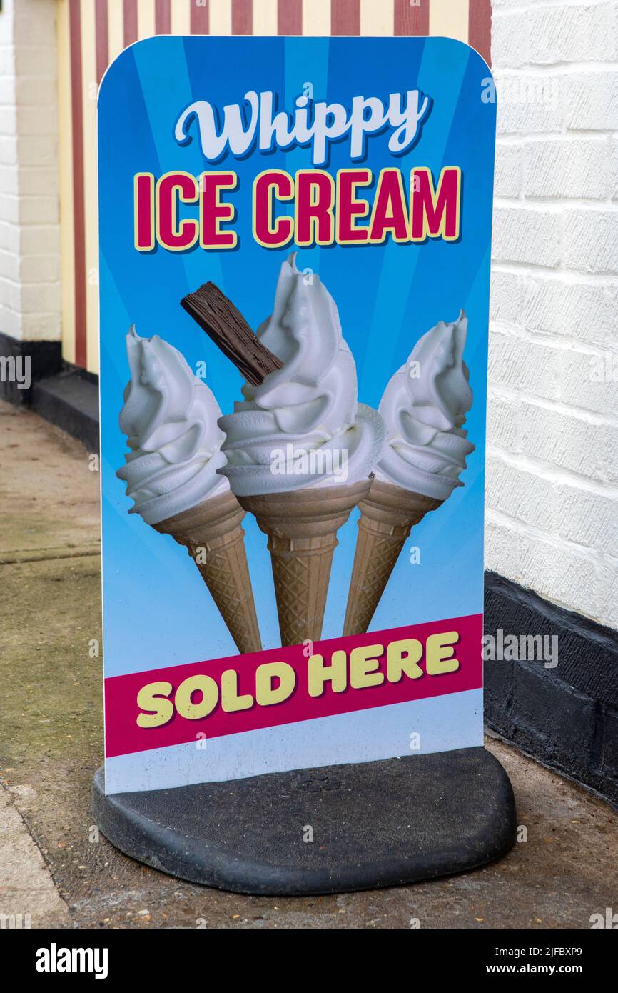 Norfolk, UK - May 16th 2022: Close-up of a sign advertising Whippy ice ...