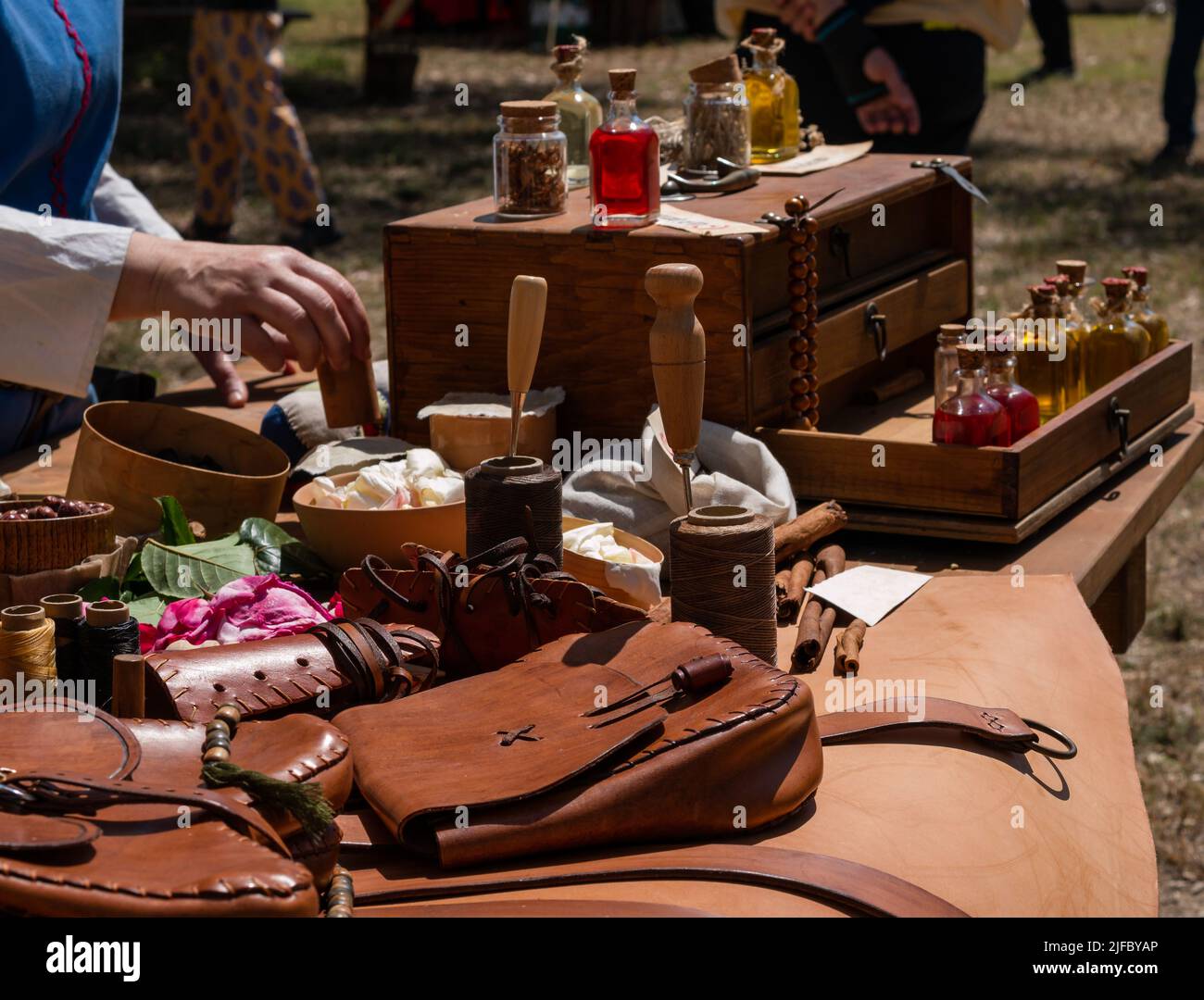 table of a leather worker merchant, leather tanner Stock Photo - Alamy