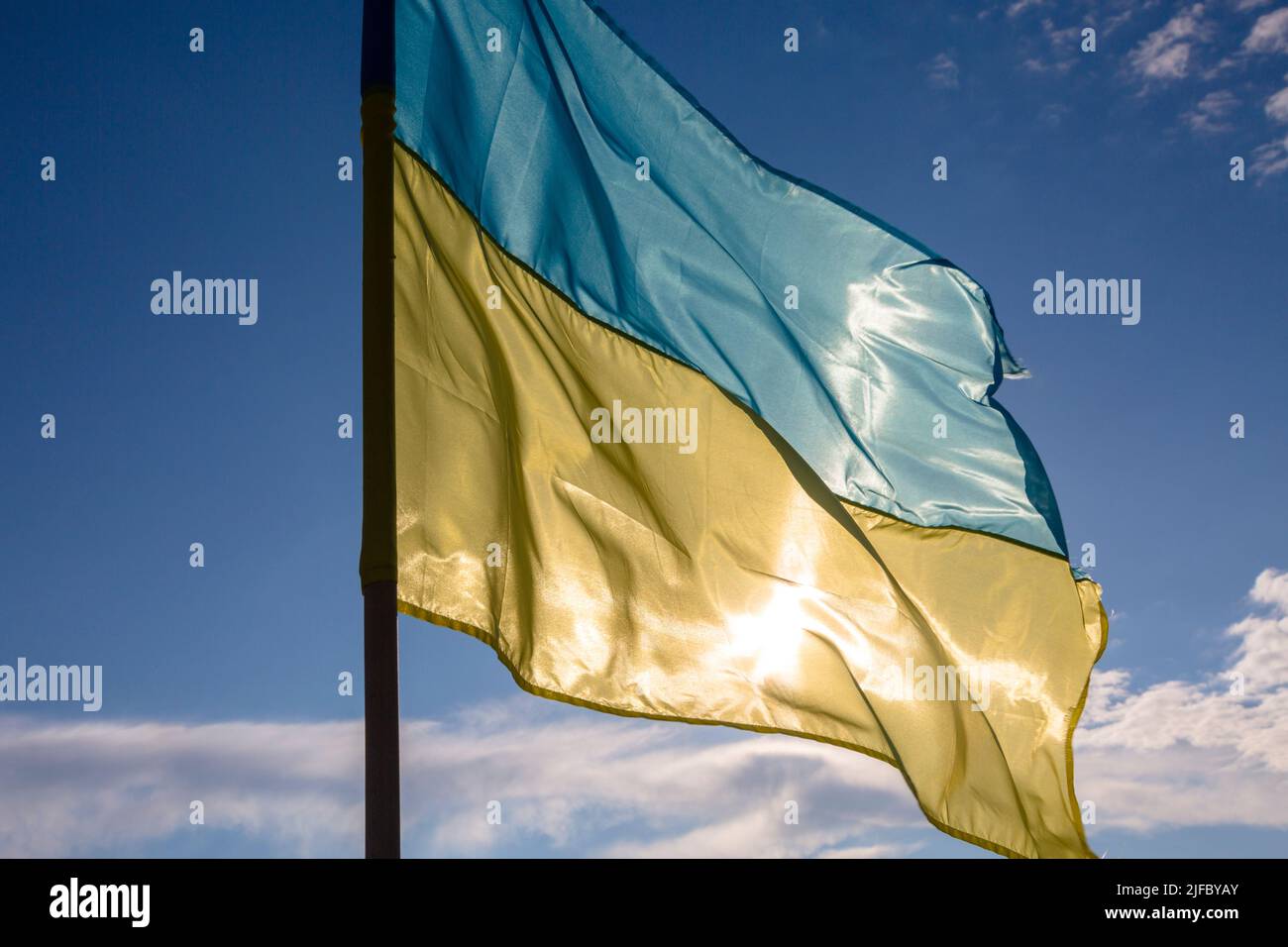 The flag of independent Ukraine is blowing in the wind against the blue ...