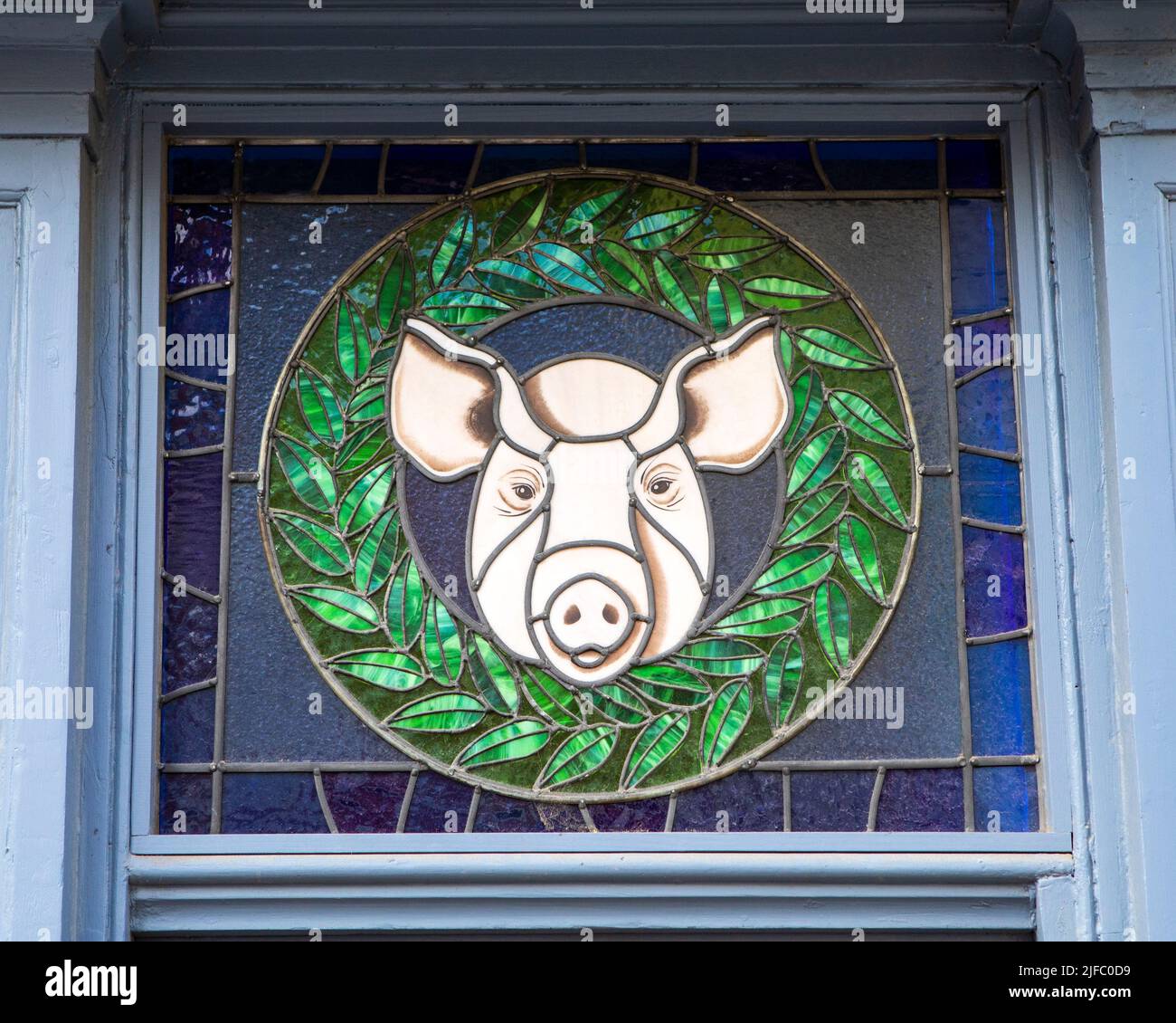 Close-up of a Pig stained glass window in the beautiful town of ...