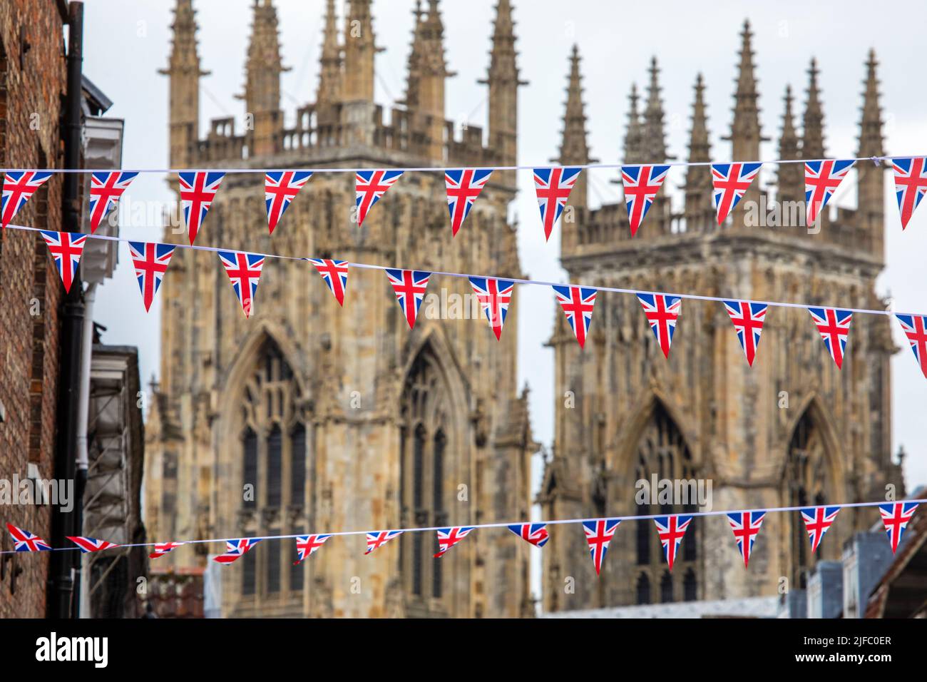 Union flag bunting hanging in the beautiful city of York, in the UK ...