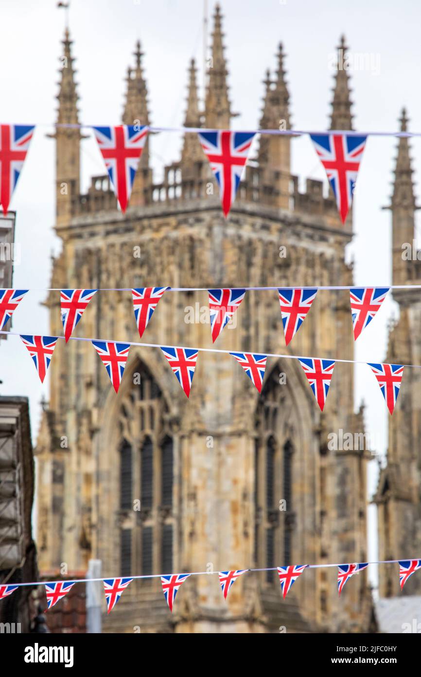 Union flag bunting hanging in the beautiful city of York, in the UK ...