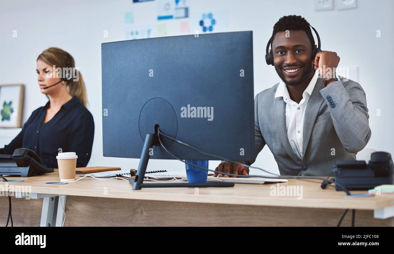 Portrait of happy young african american call centre telemarketing ...