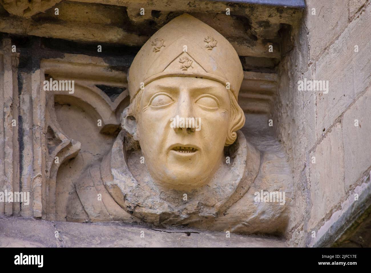 A sculpture on the exterior of the historic York Minster in the city of ...