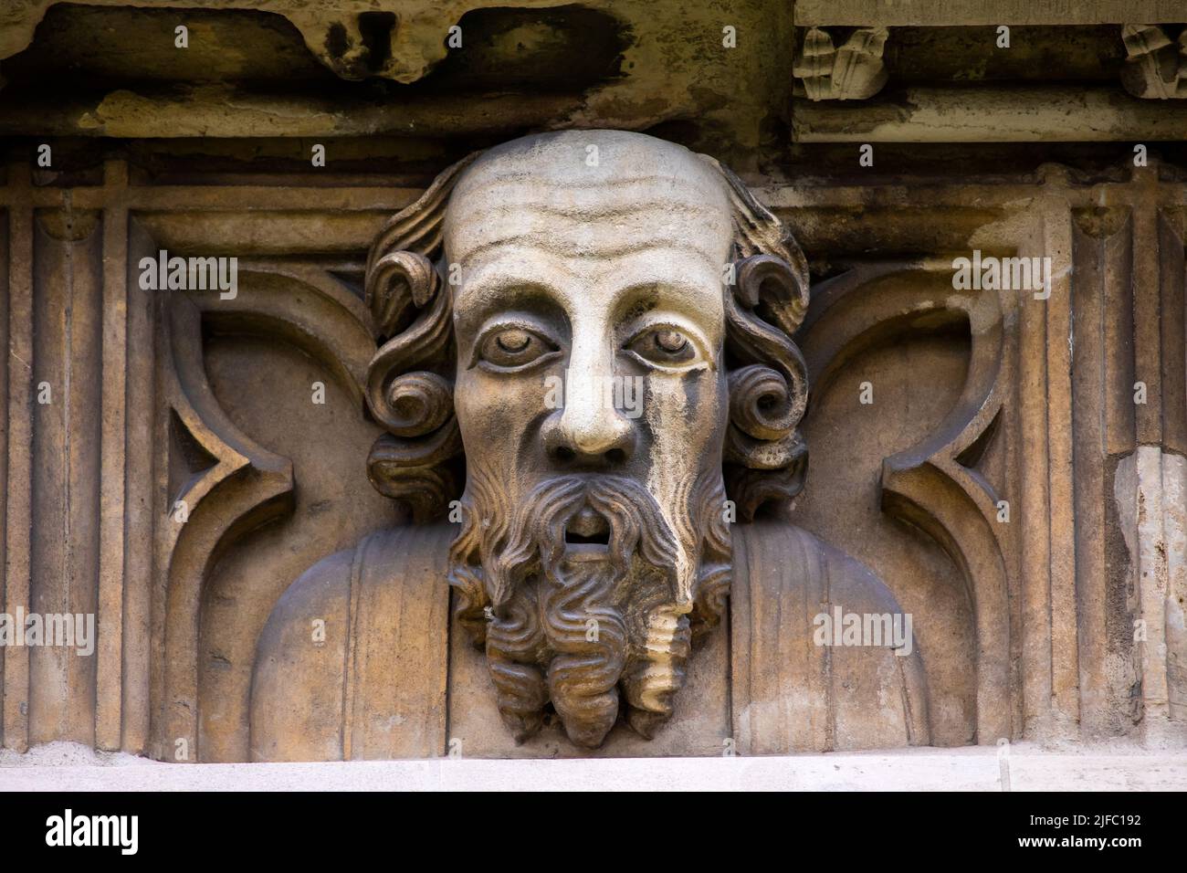 A sculpture on the exterior of the historic York Minster in the city of ...