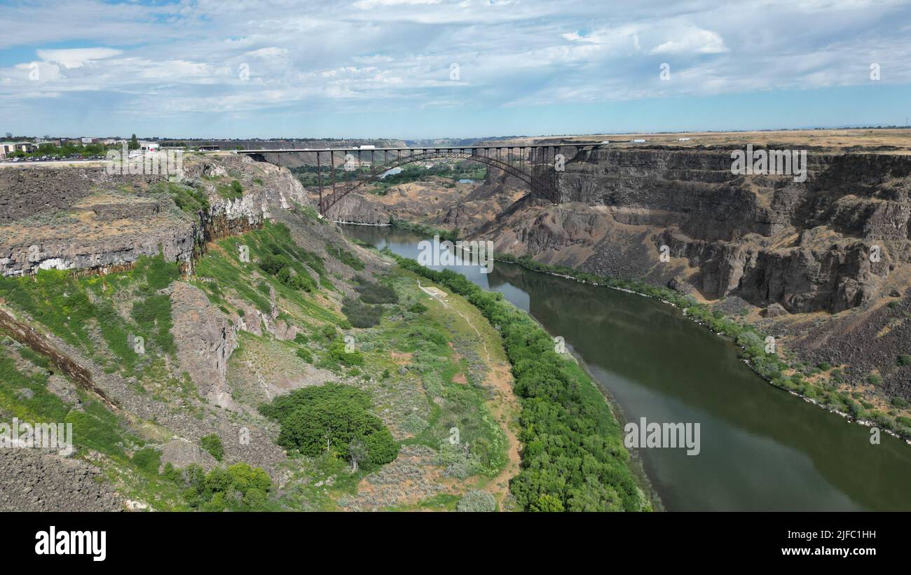 An aerial view of the Perrine Bridge over the Snake River in Twin Falls ...