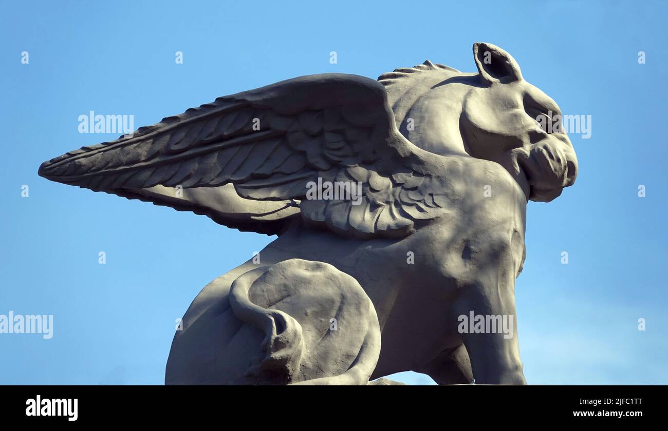 Kiev, Ukraine June 10, 2021: Sculpture of a lioness with wings on the ...