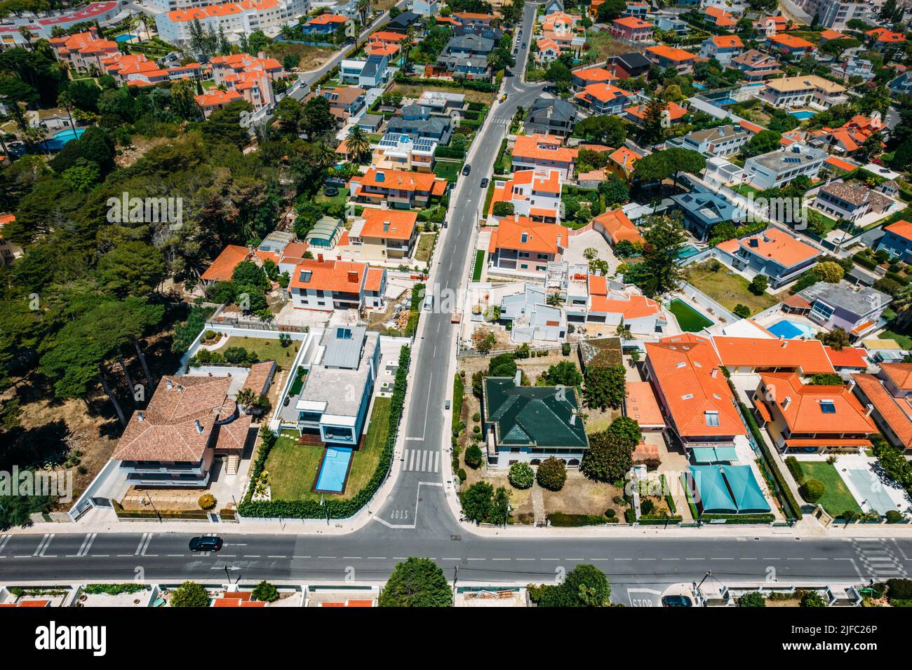 Aerial view of houses in residential neighbourhood of Parede, Cascais ...