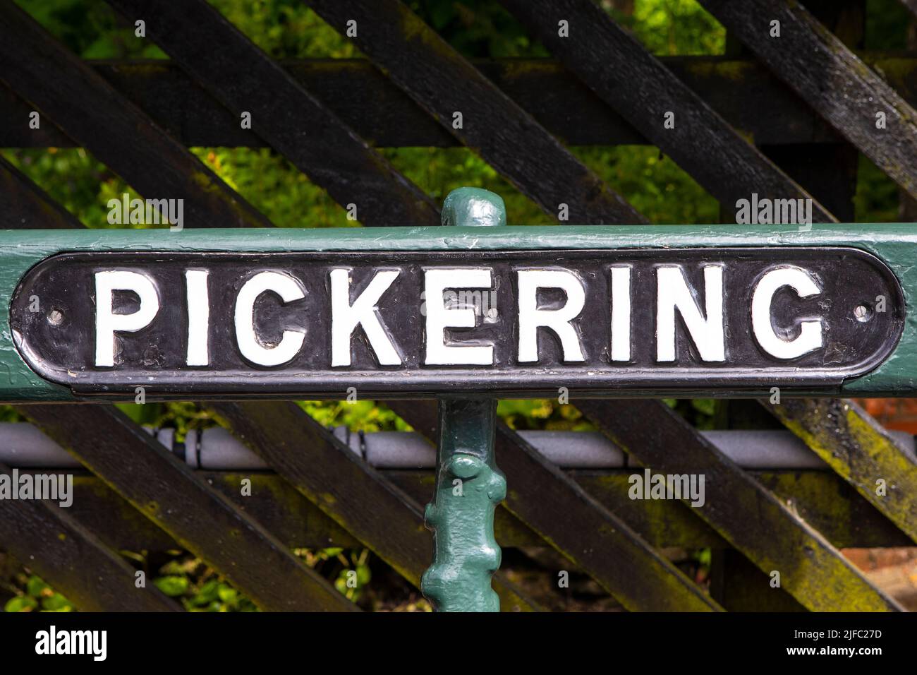 Pickering sign on a bench in the beautiful town of Pickering in North ...