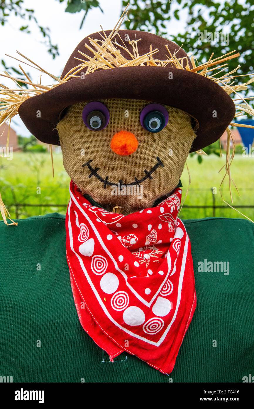 Nawton, UK - June 5th 2022: Close up of a Scarecrow in the village of ...