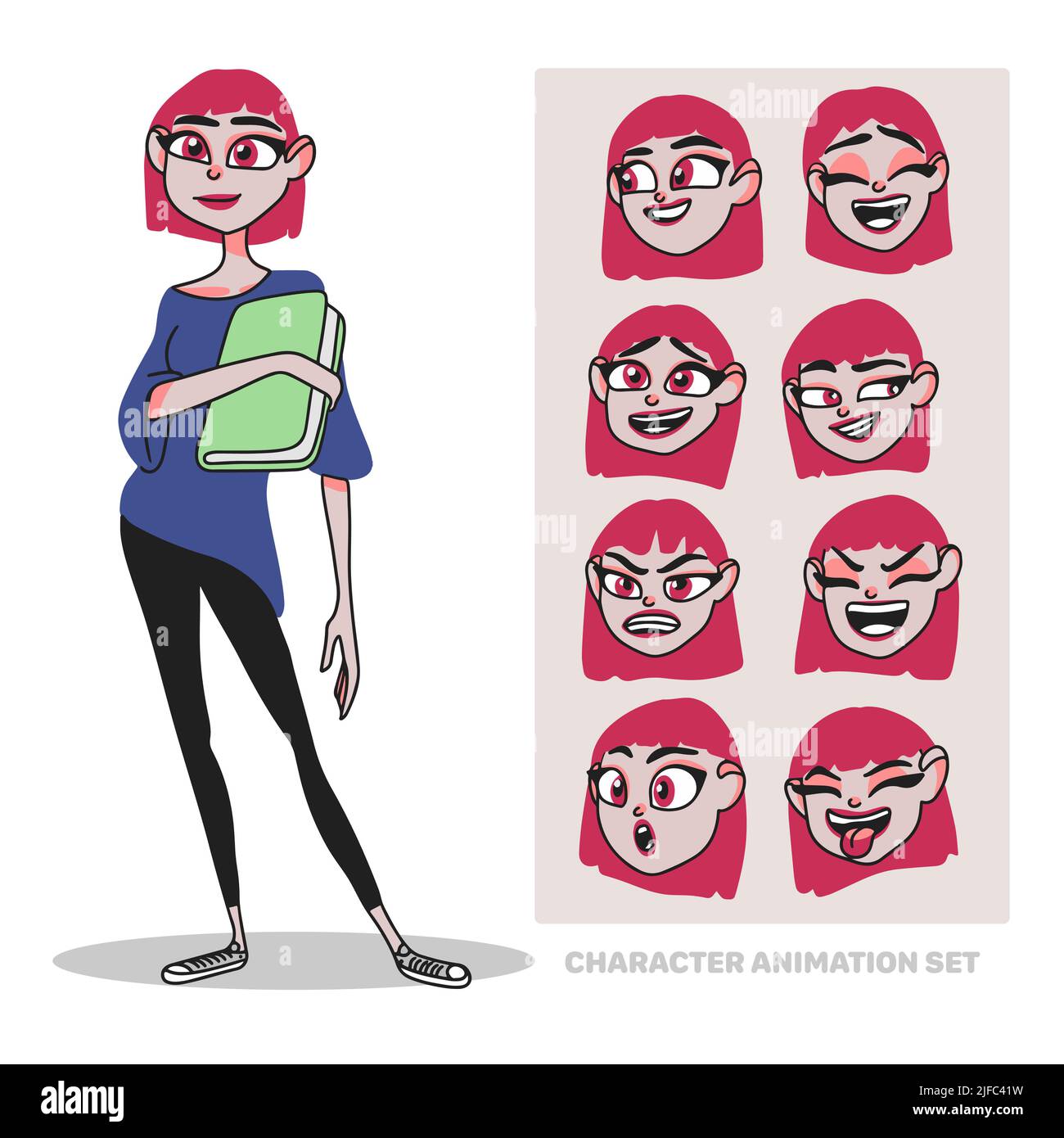 Character animation set, young woman, in full growth, with a book ...
